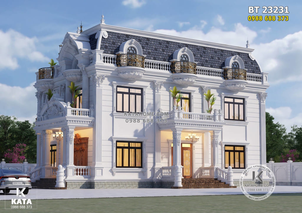 Thiết kế nhà tân cổ điển 2 tầng 1 tum đẹp - BT 23231