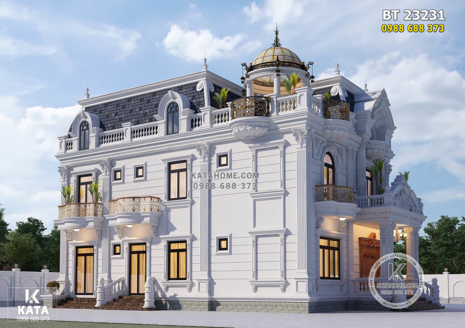 Thiết kế nhà tân cổ điển 2 tầng 1 tum đẹp - BT 23231